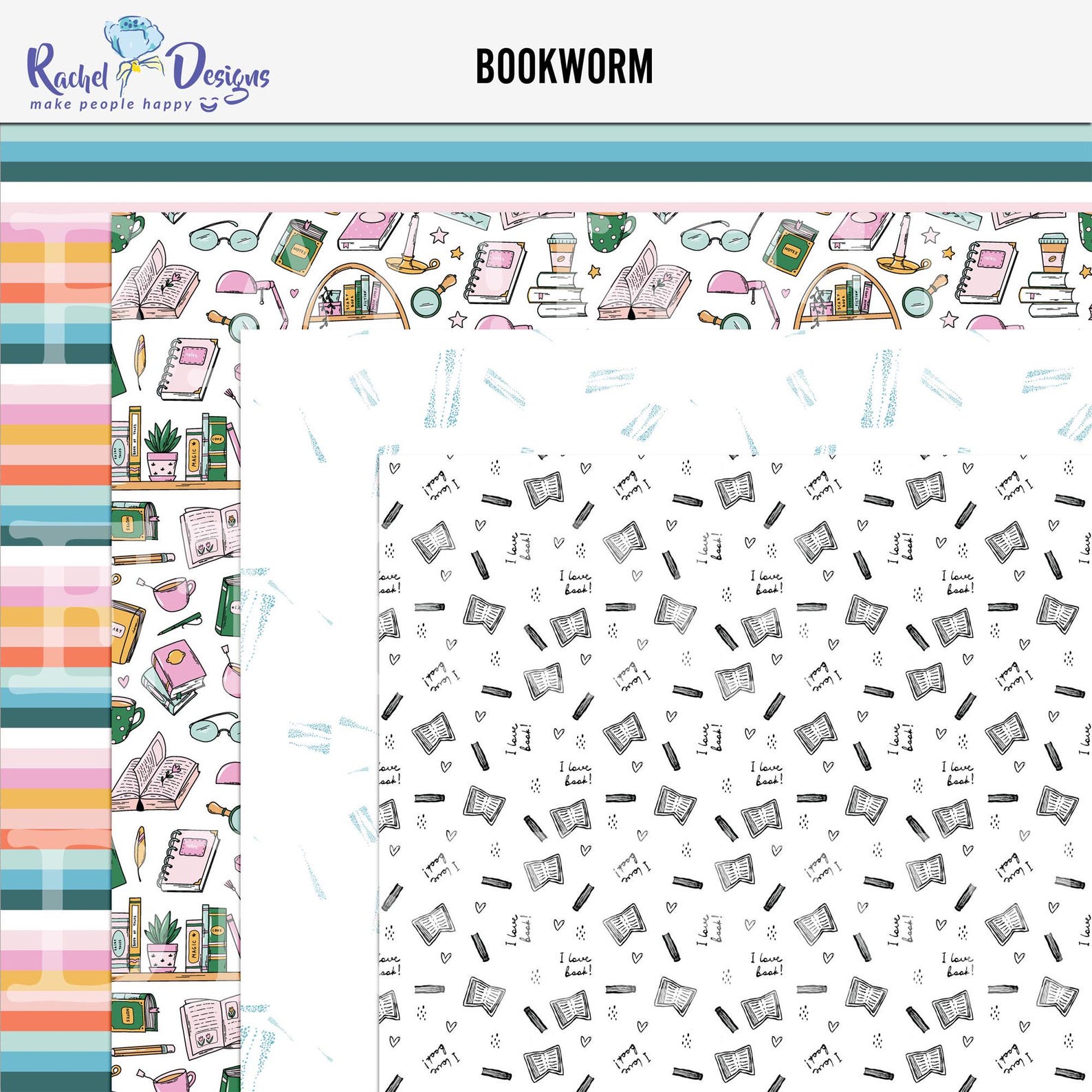 Bookworm Digital Paper Pack, Printable Books Papers, Digital Books ...