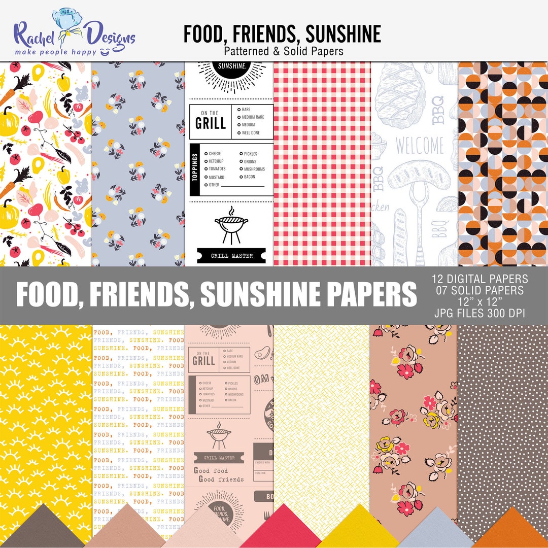 Food, Friends, Sunshine Digital Paper Pack, Printable Food Papers ...