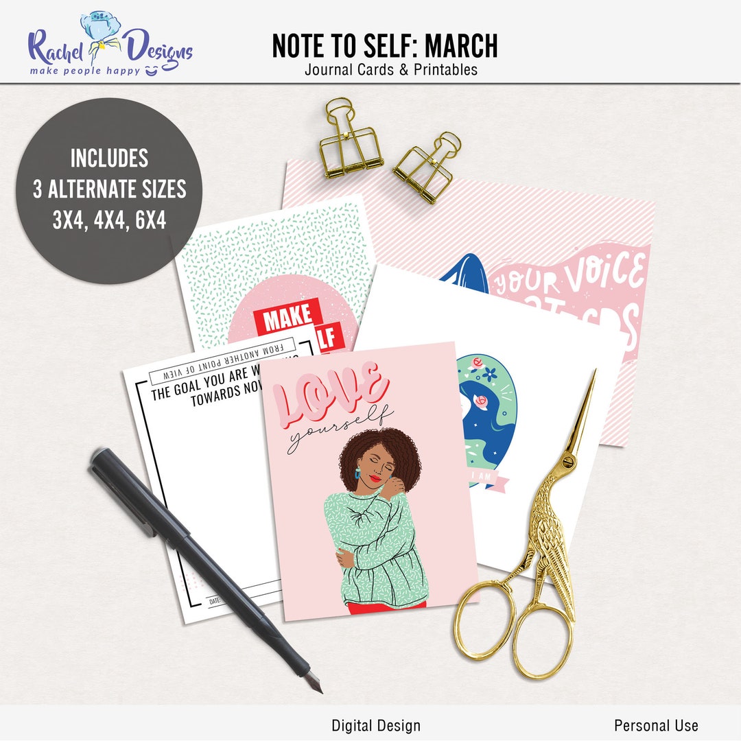 Note to Self March Digital Journal Cards, Printable Digital Pocket ...
