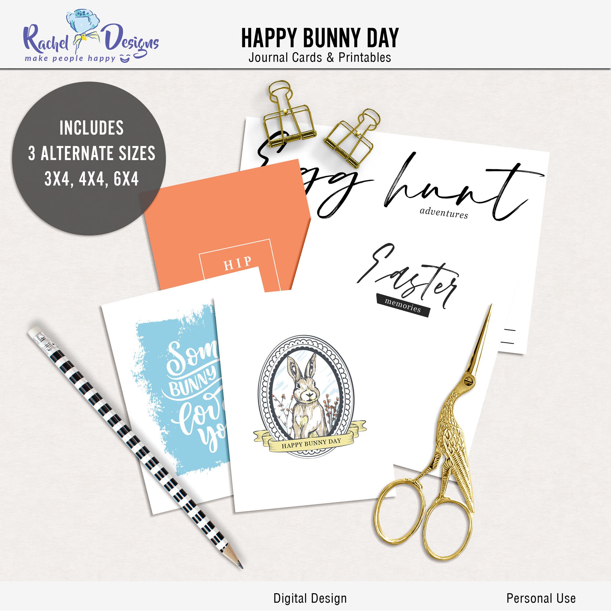 Printable Happy Bunny Day Digital Pocket Cards, Digital Easter Journal ...