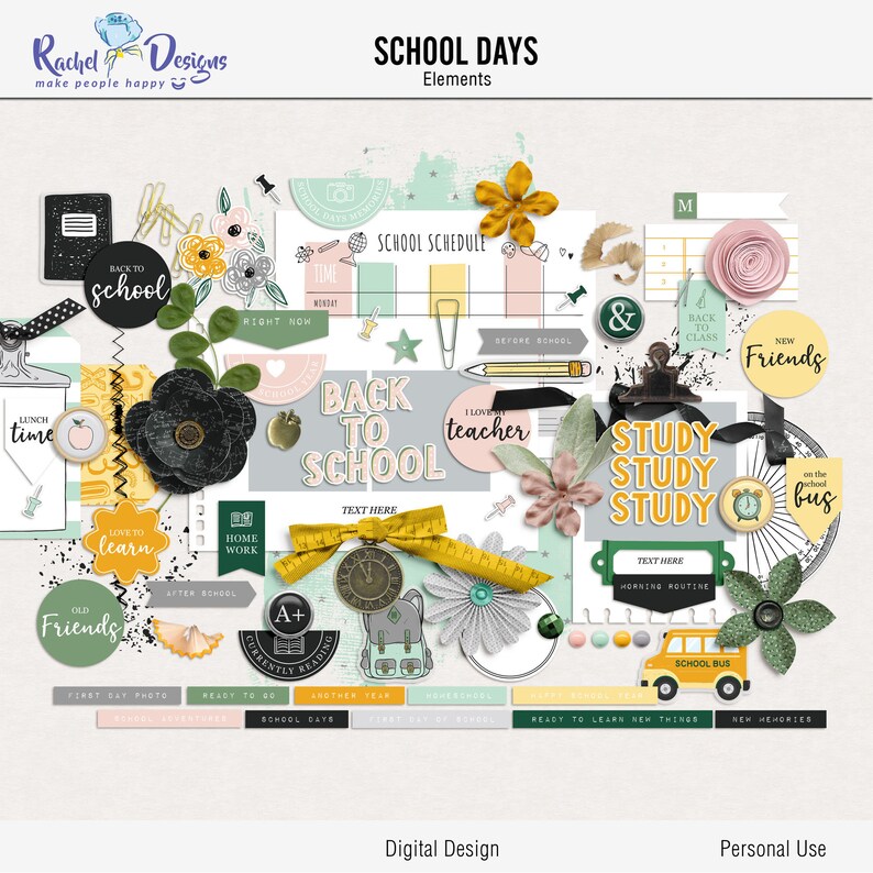 School Days Digital Scrapbooking Kit, Digital School Elements and ...