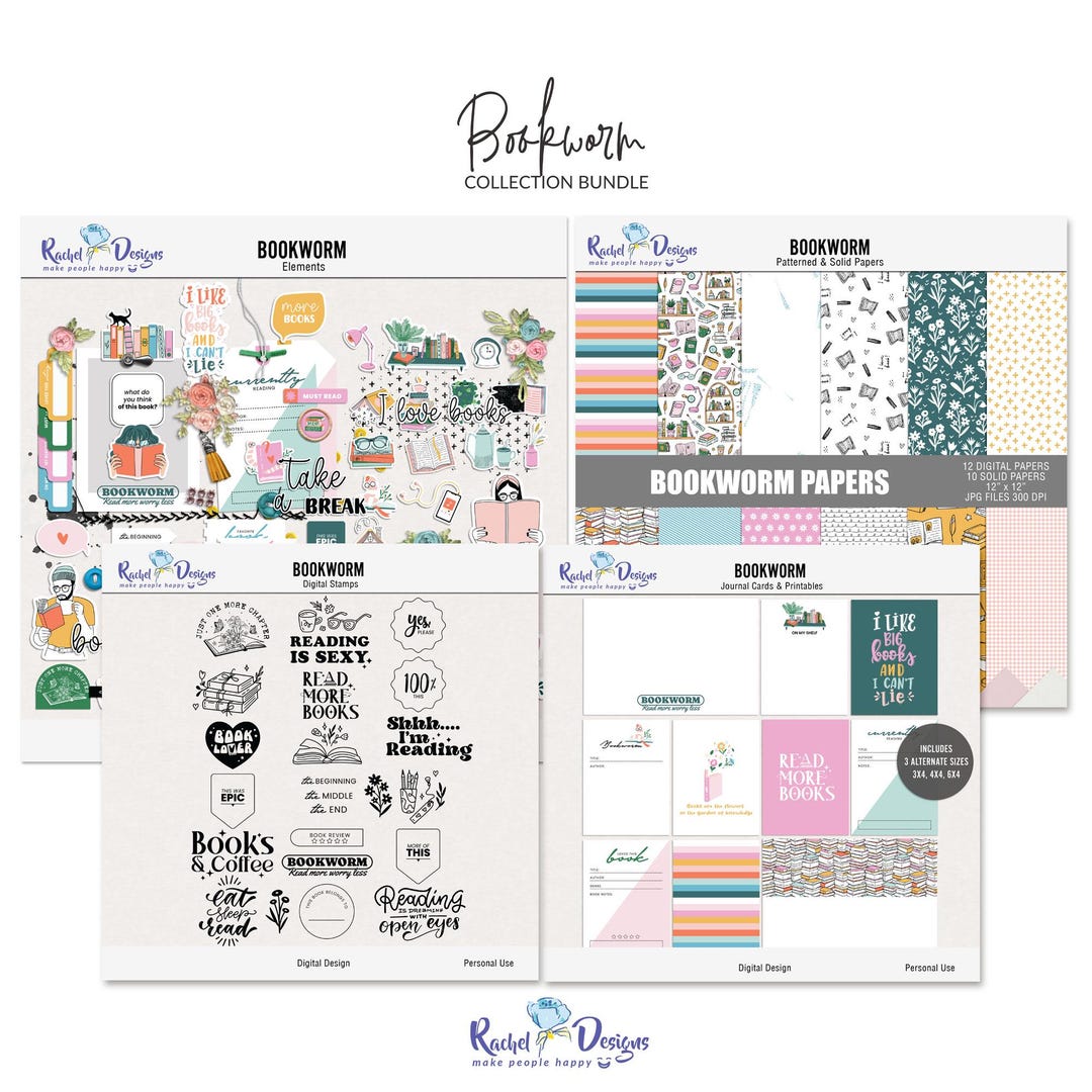 Bookworm Digital Scrapbooking Collection, Reading Digital Elements and ...