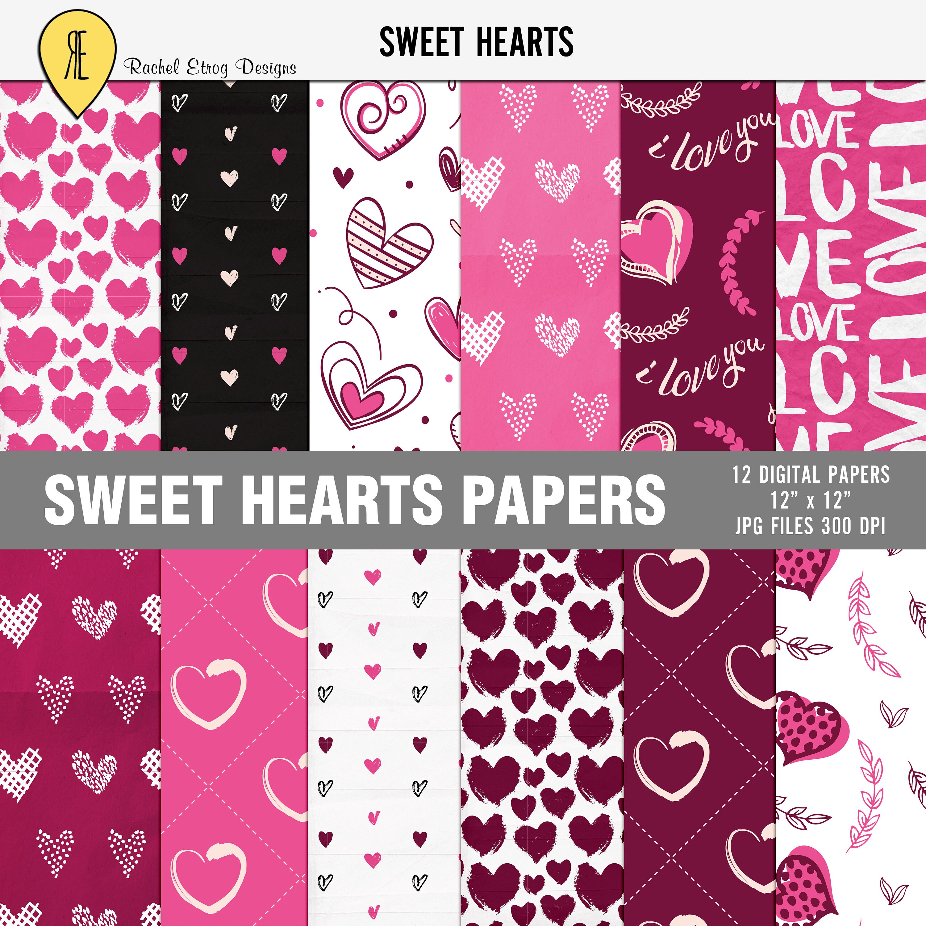 Heart Digital Papers, Valentine's Digital Paper, Love Digital Paper ...