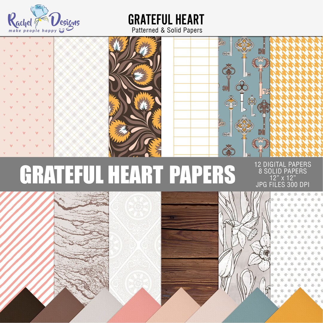 Grateful Heart Digital Paper Pack, Digital Grateful Heart Scrapbooking ...