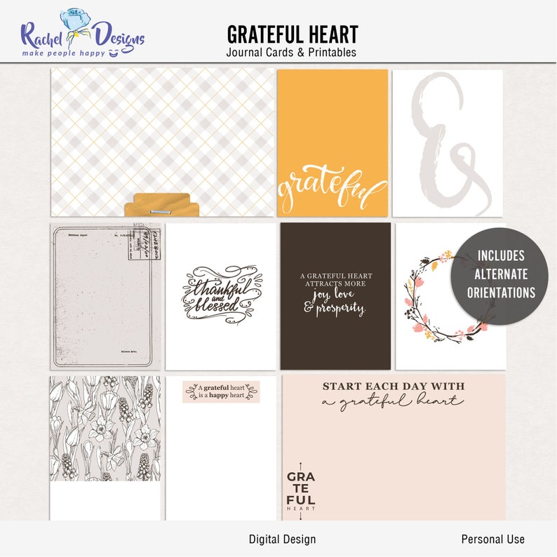 Printable Grateful Heart Digital Journal Cards, Printable Thanksgiving ...