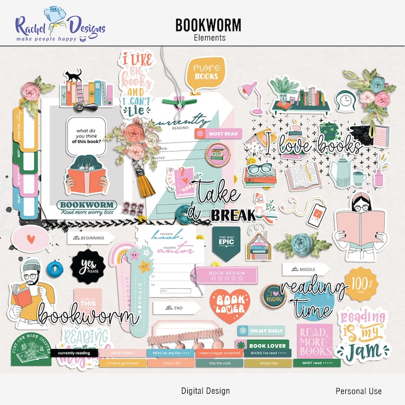 Bookworm Digital Scrapbooking Elements, Reading Printable Elements ...