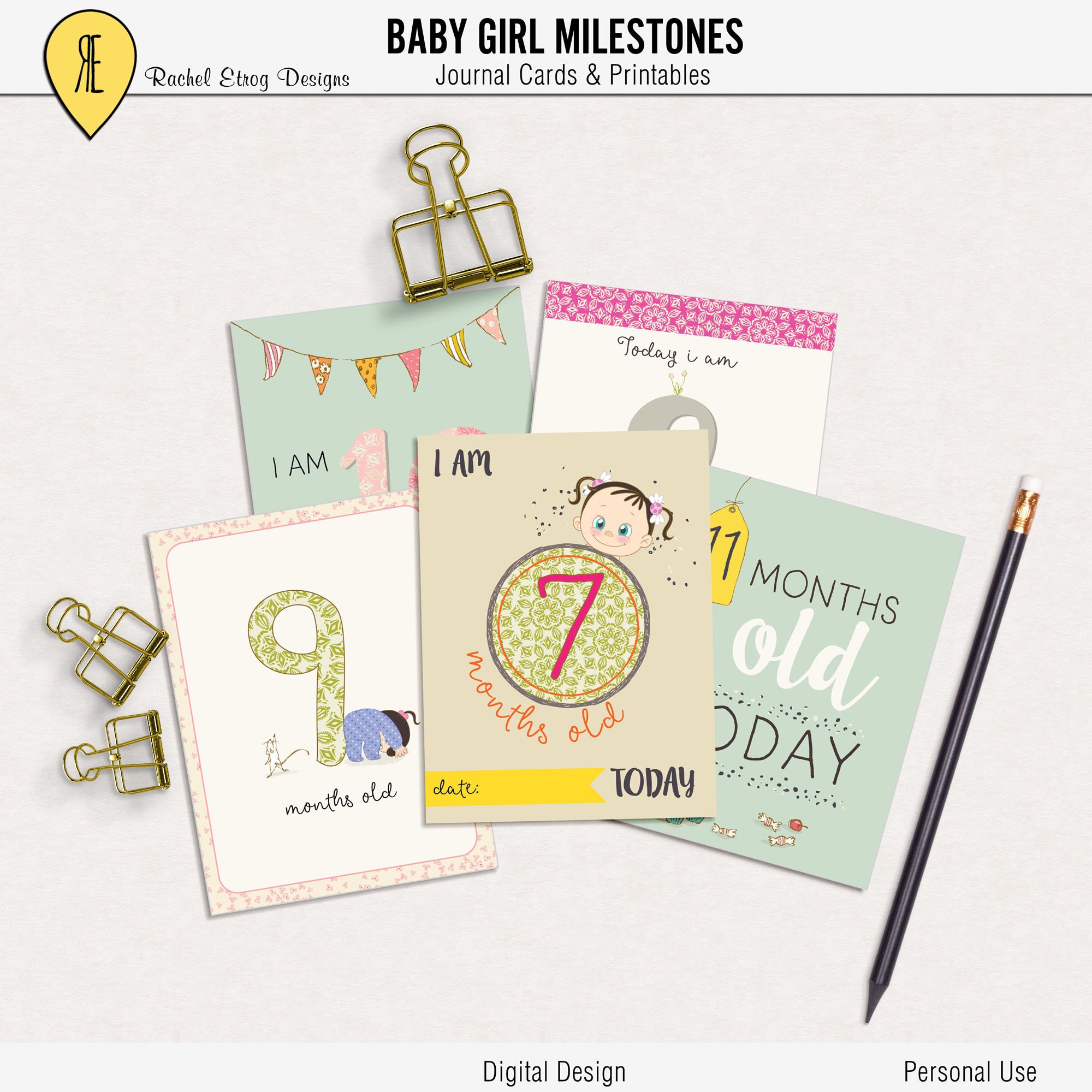 Baby Girl Printable Milestones Project Life Cards, Baby Girl Journal ...