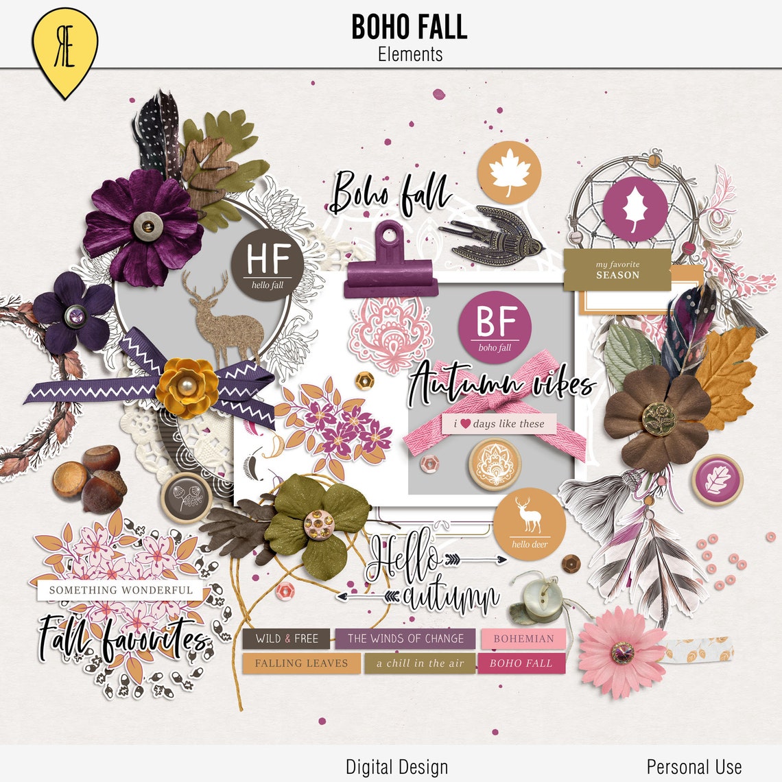 Boho Fall Digital Scrapbooking Kit, Autumn Embellishments, Bohemian ...