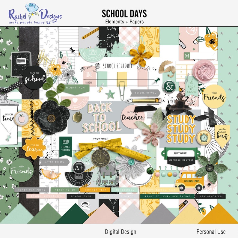School Days Digital Scrapbooking Kit, Digital School Elements and ...