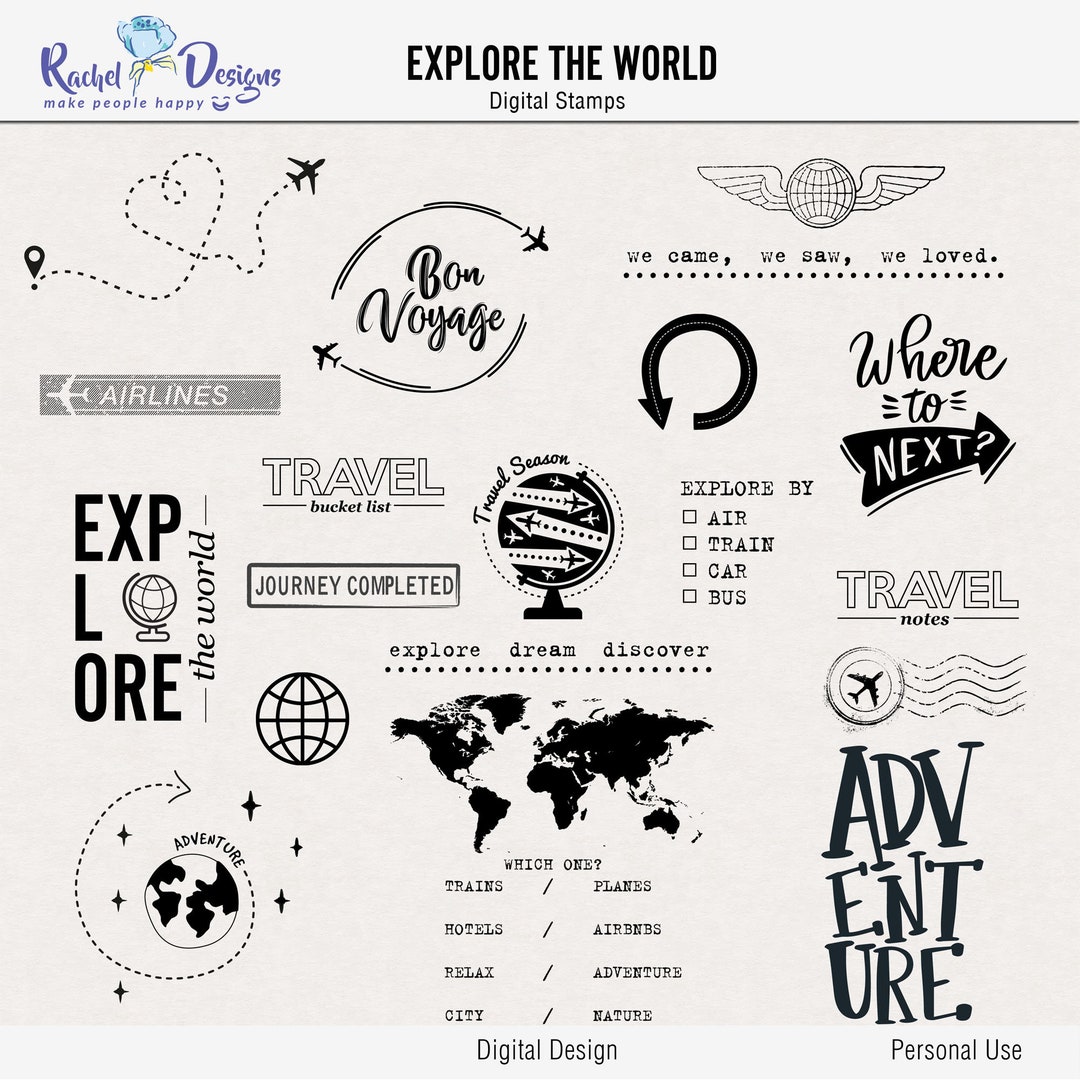 Explore the World Digital Stamps and Brushes, Travel Digital Stamps ...