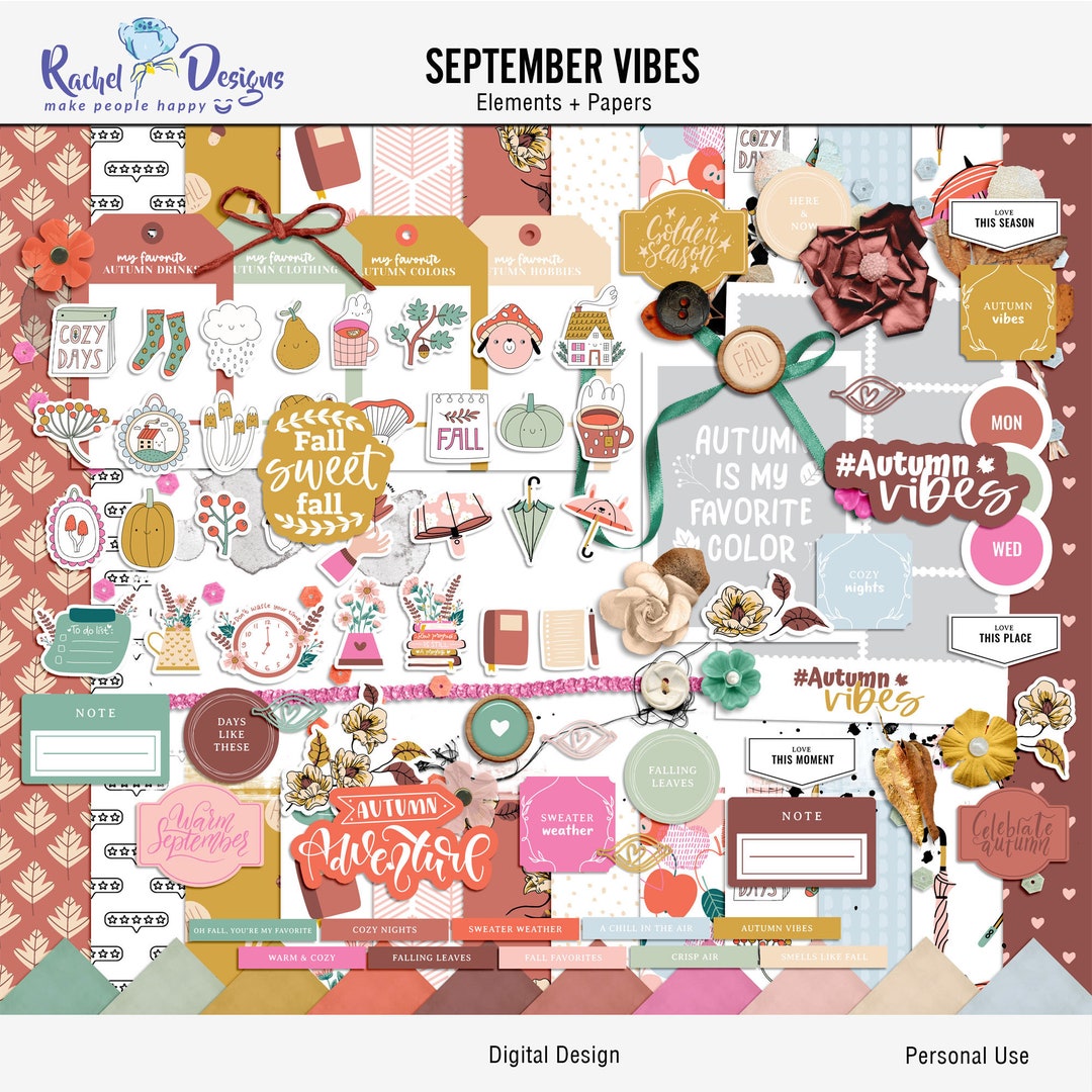 September Vibes Digital Scrapbooking Kit, Autumn Printable Pattern ...