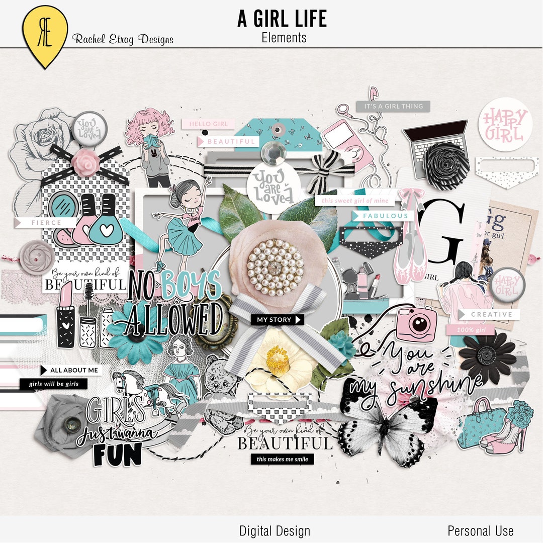 A Girl Life Digital Scrapbooking Elements, Girl Mix Elements, Kids ...