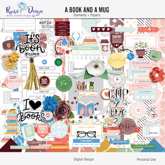 A Book and a Mug Digital Scrapbooking Kit Reading Printable | Etsy Israel