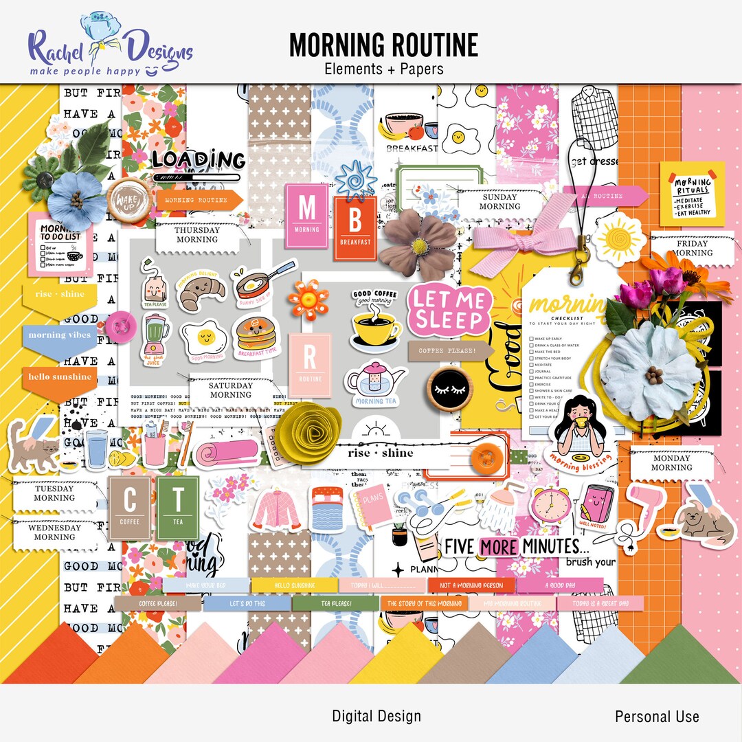 Morning Routine Digital Scrapbooking Kit, Printable Abstract Pattern ...