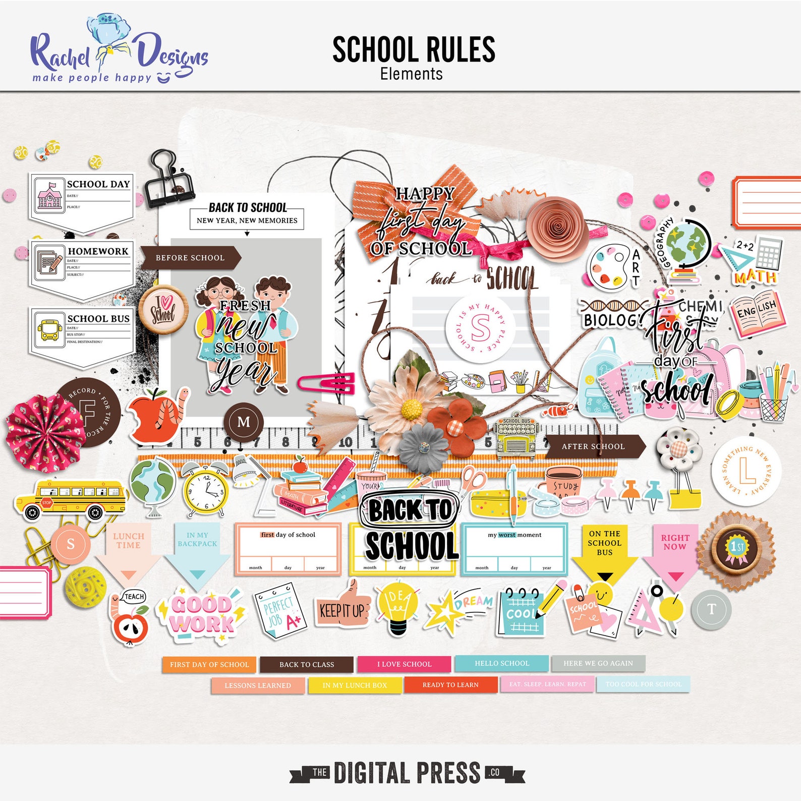 School Rules Digital Scrapbooking Kit, Digital School Elements and ...