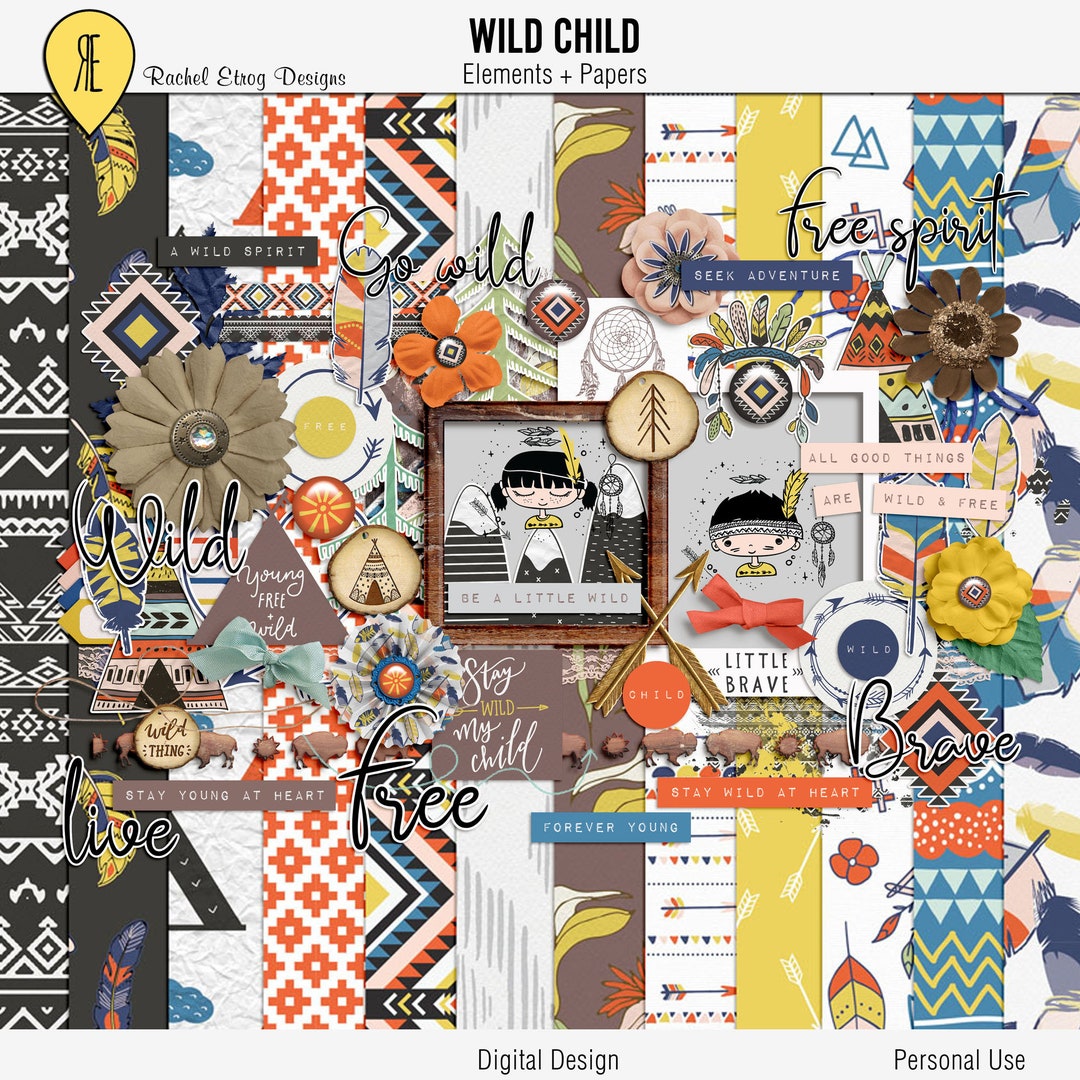 Wild Child Digital Scrapbooking Kit, Boho Wrapping Papers, Wild Child ...