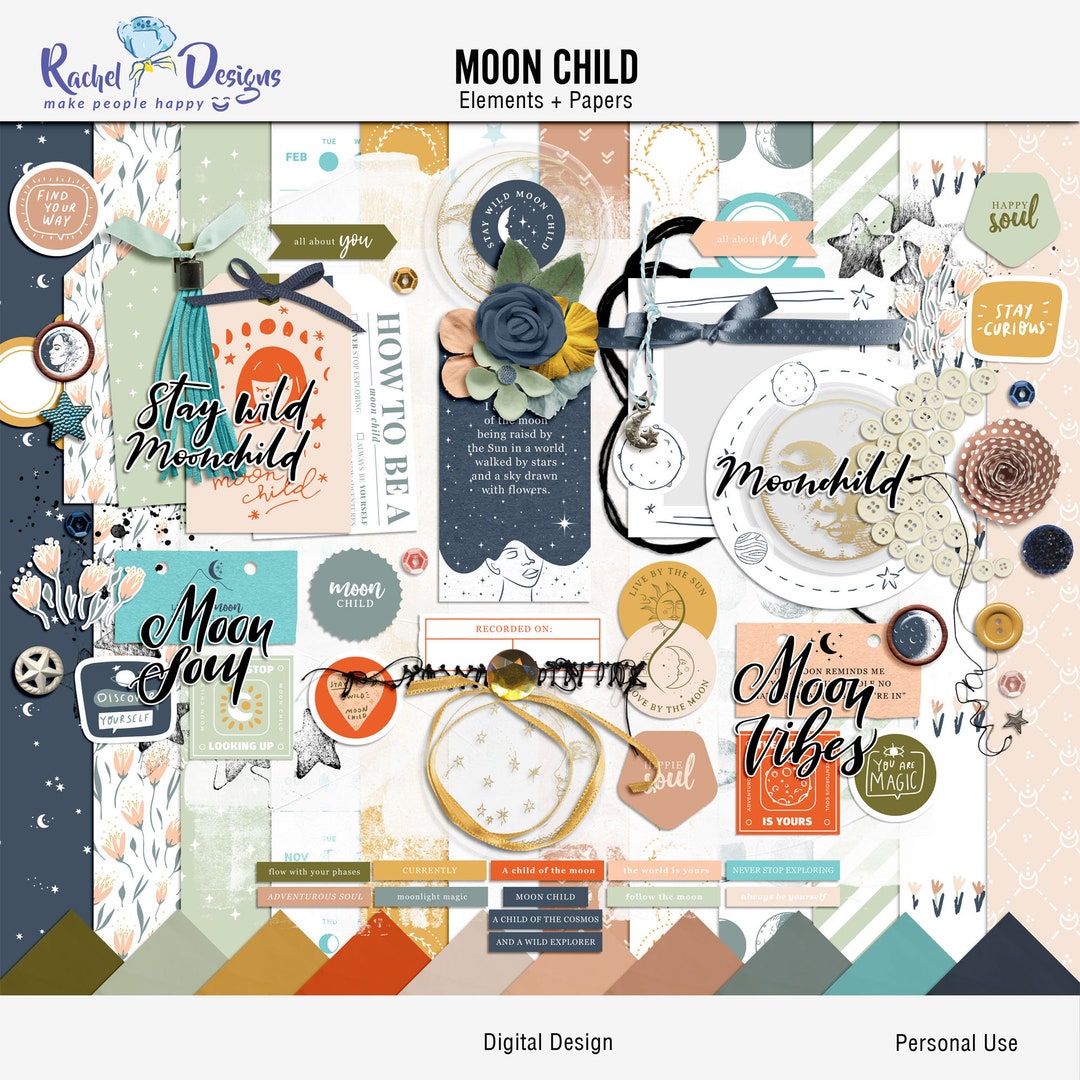 Moon Child Digital Scrapbooking Kit, Boho Craft Papers, Moon Child ...