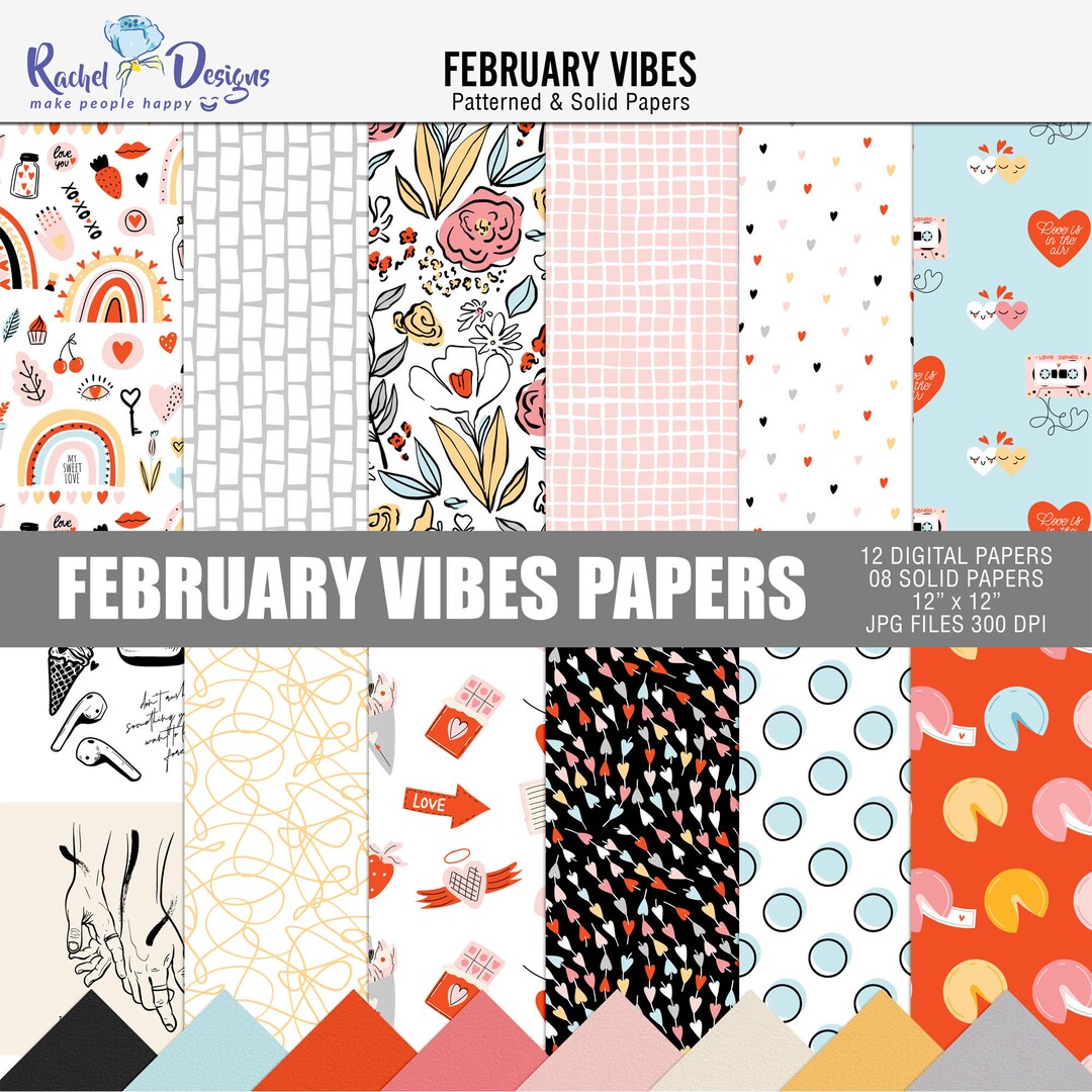 February Vibes Digital Paper Pack, Valentine's Digital Craft Papers ...