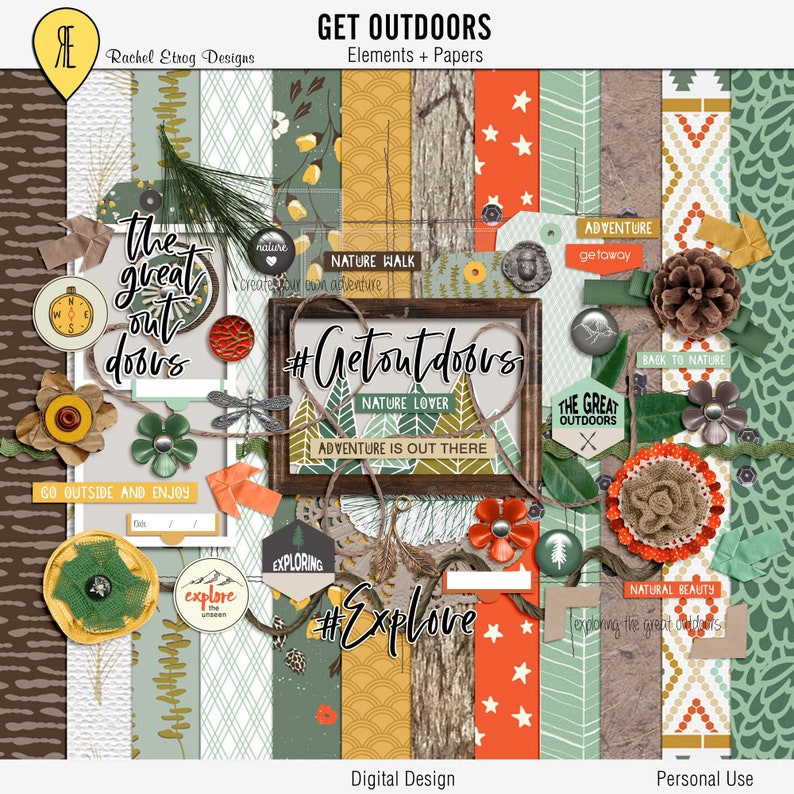 Get Outdoors Digital Scrapbooking Kit, Nature Wrapping Papers, Nature ...