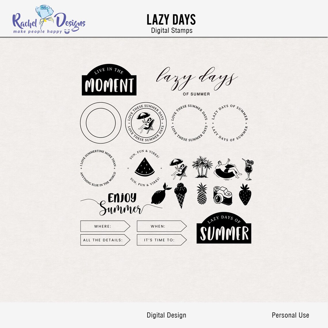 Lazy Days Digital Scrapbooking Collection, Summer Digital Elements and ...