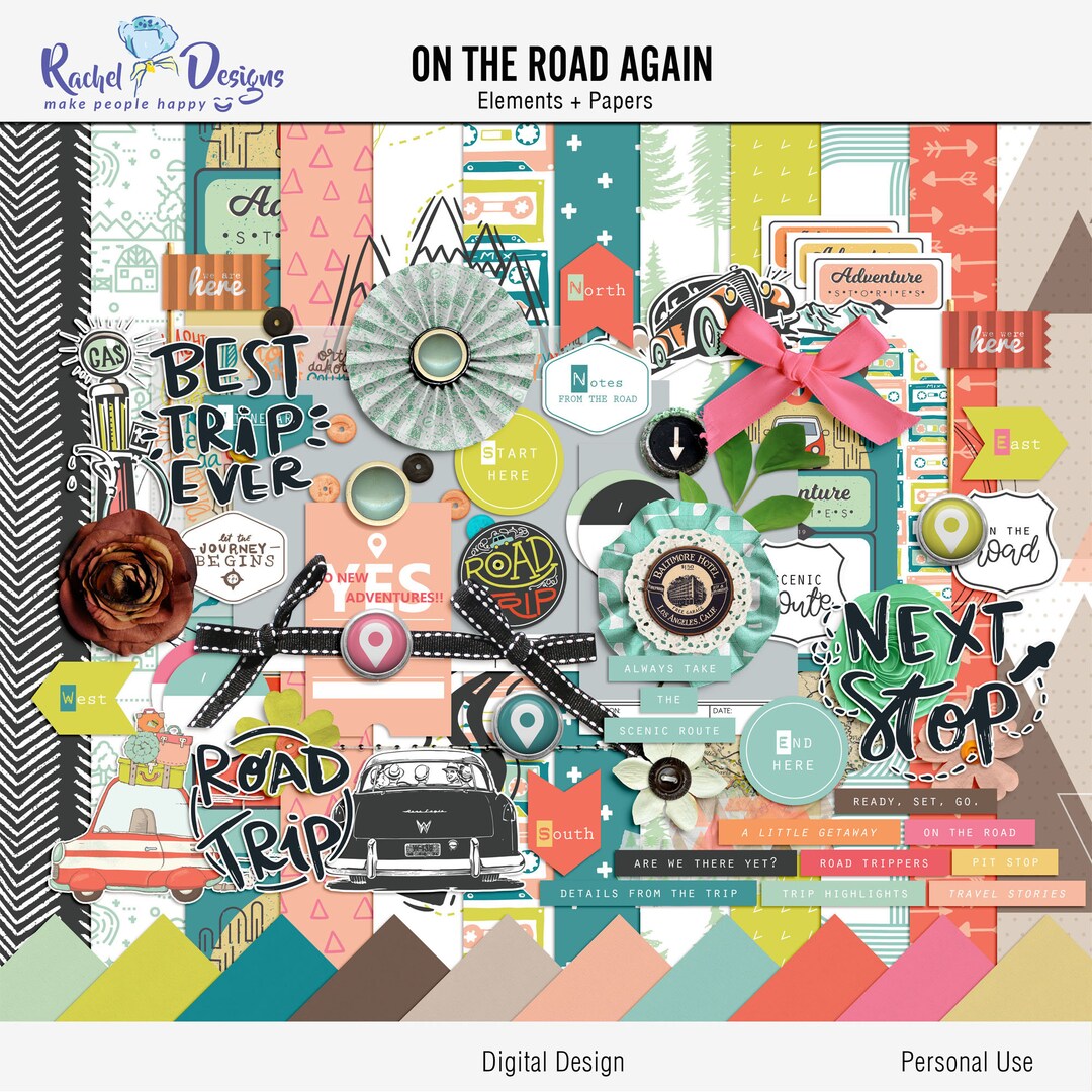 On the Road Again Digital Scrapbooking Kit, Road Trip Digital Scrapbook ...