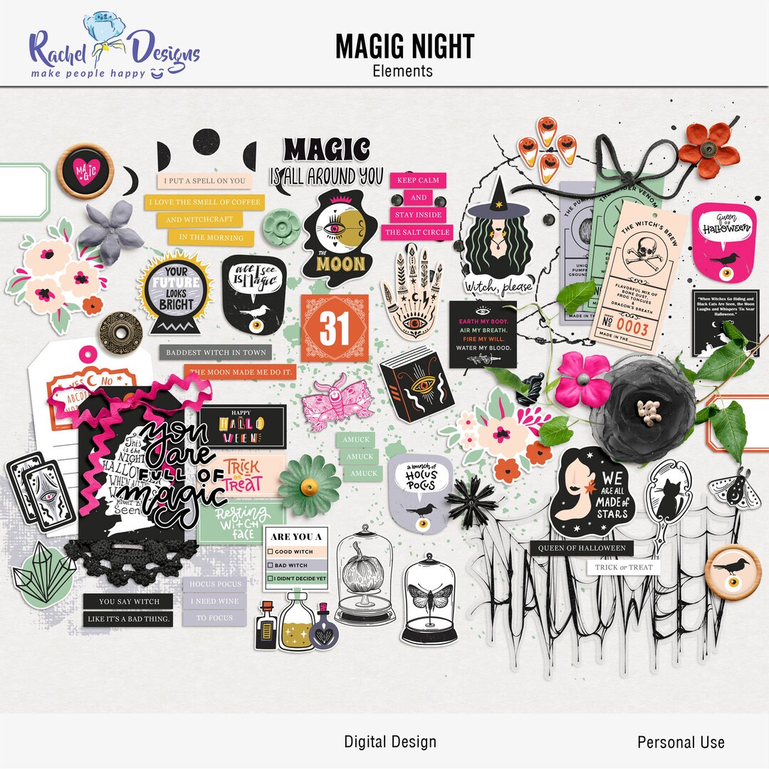 Magic Night Digital Elements, Digital Halloween Elements, Witch Digital ...