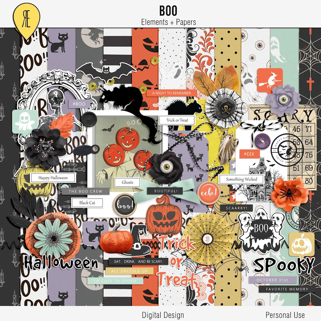 Boo Digital Scrapbooking Kit, Halloween Digital Embellishments, Digital ...
