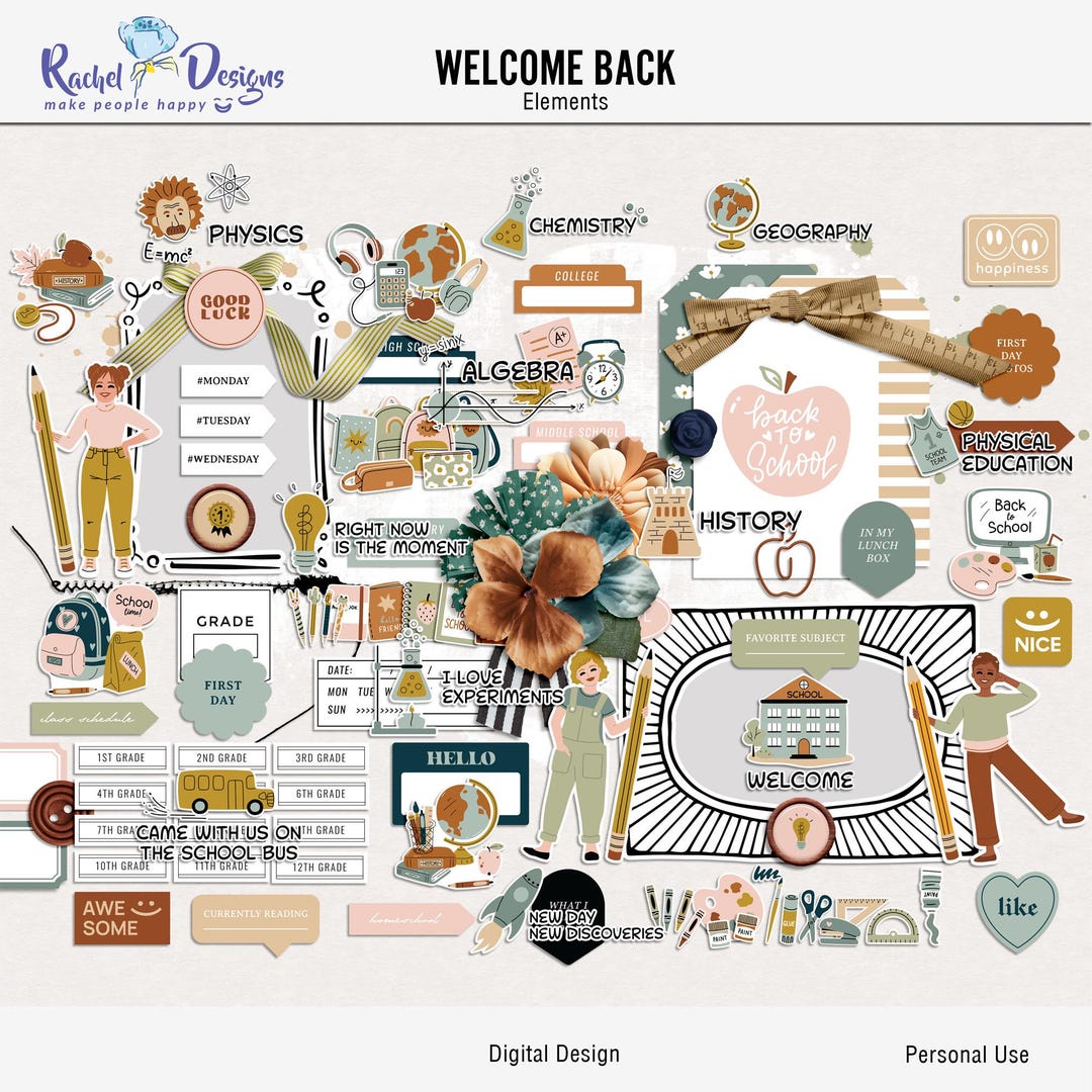 Welcome Back Digital Scrapbooking Elements, School Mixed Media Digital ...
