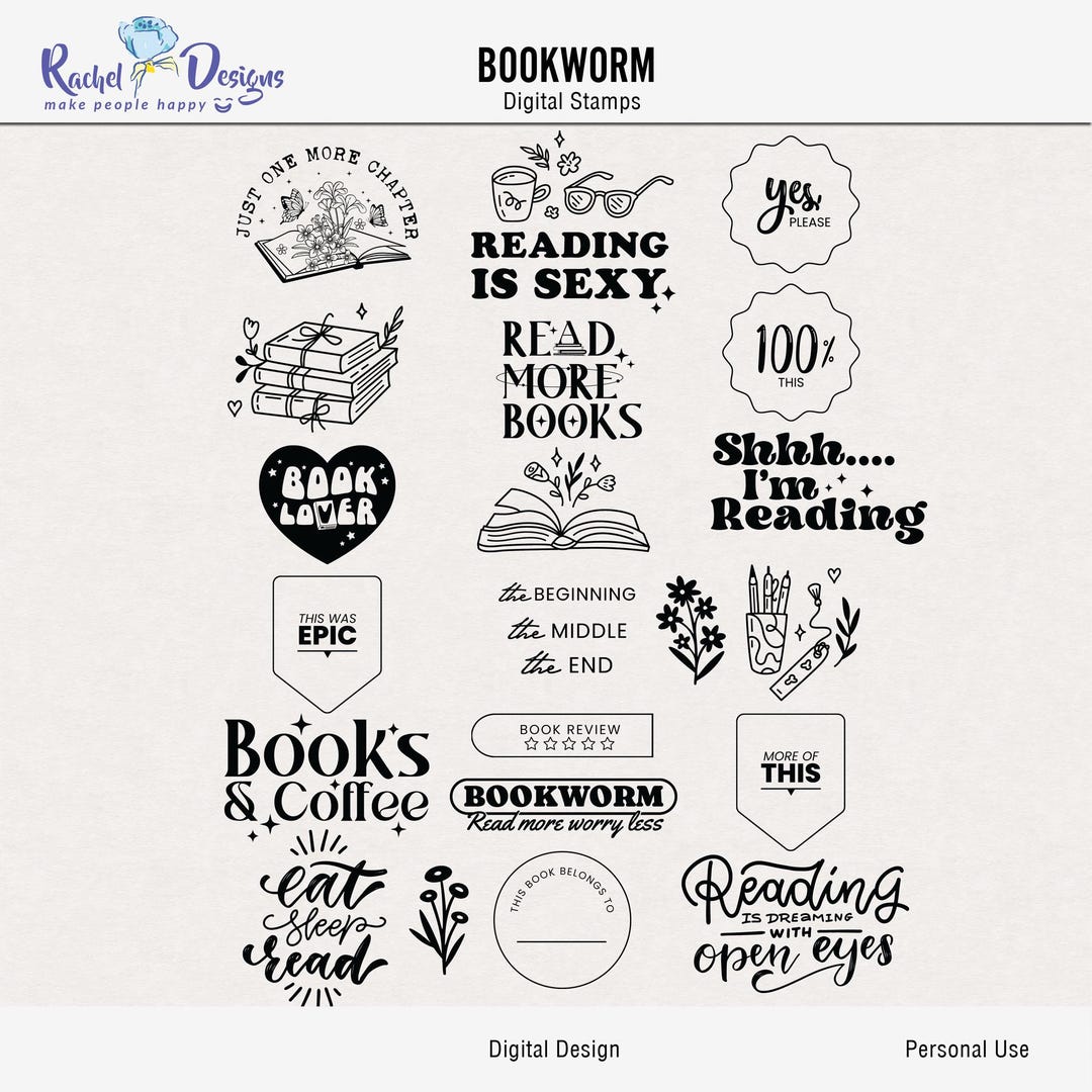 Bookworm Digital Stamps and Brushes, Digital Reading Craft Stamps ...