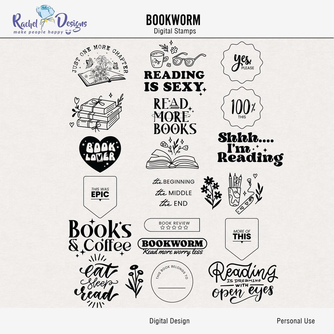 Bookworm Digital Stamps and Brushes, Digital Reading Craft Stamps ...