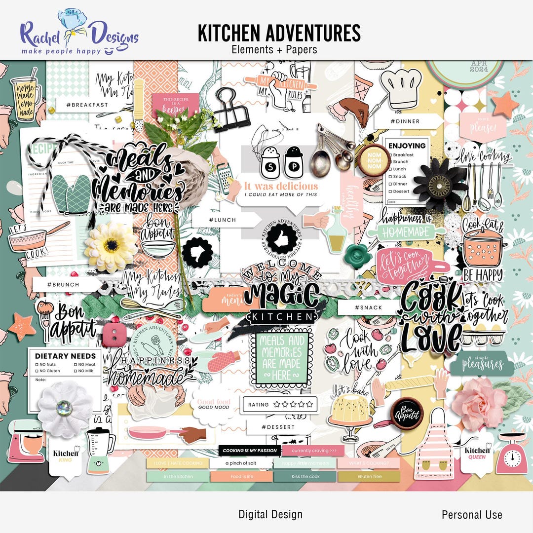 Kitchen Adventures Digital Scrapbook Kit, Digital Kitchen Elements and ...