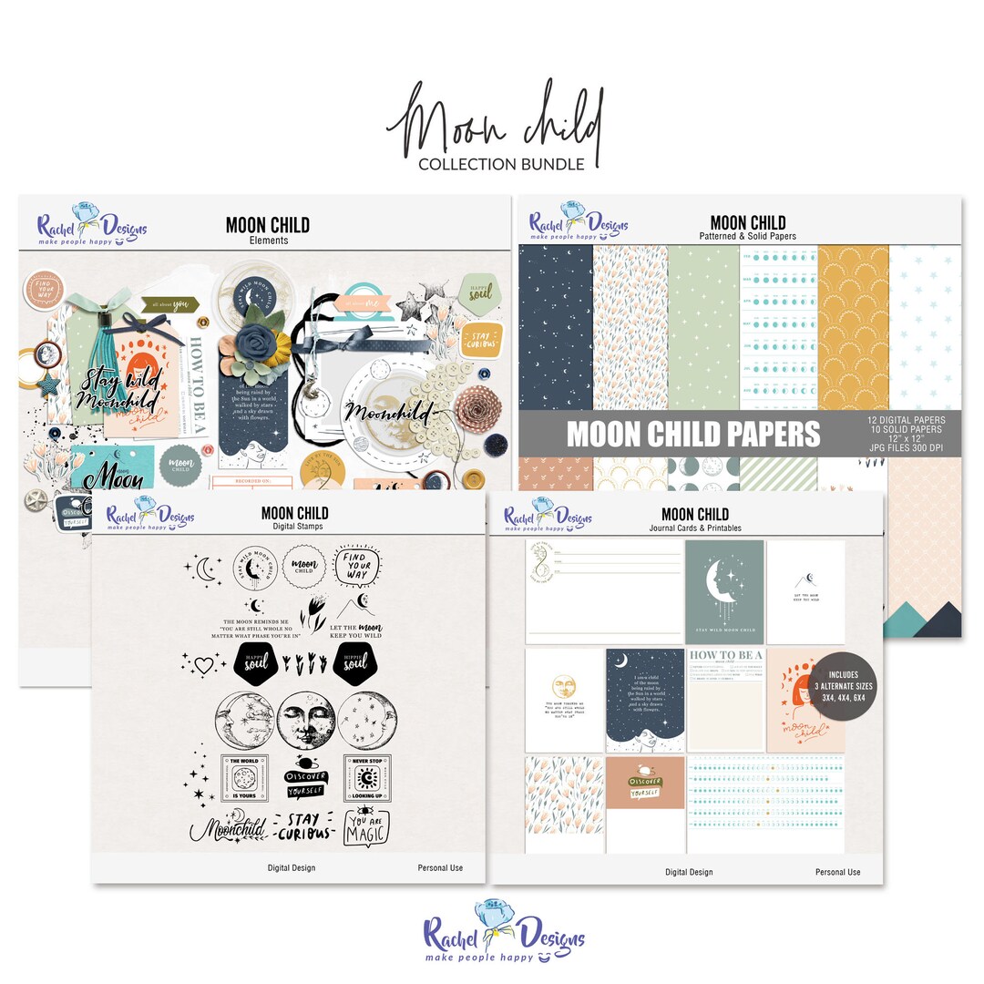 Moon Child Digital Scrapbook Collection, Boho Digital Elements and ...