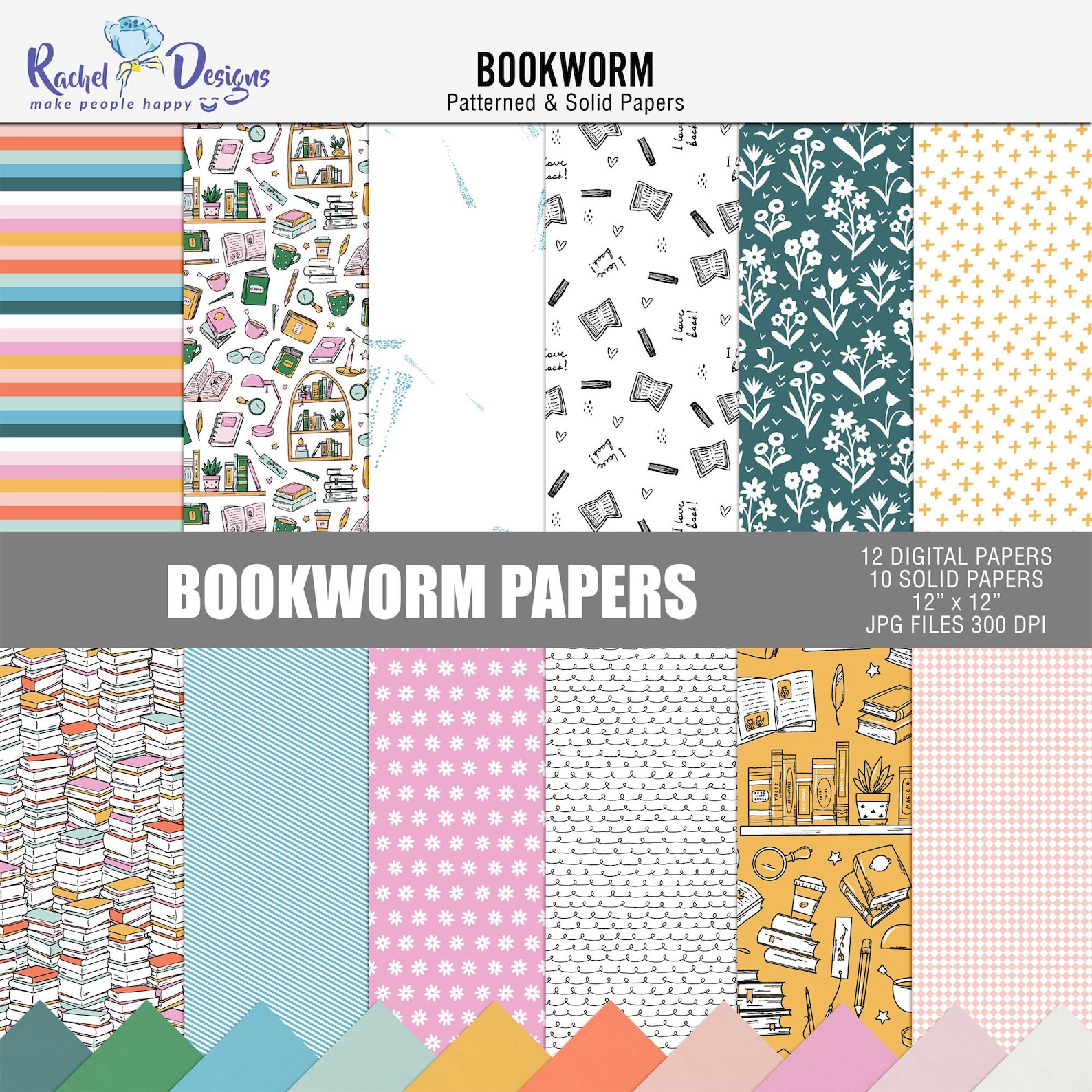 Bookworm Digital Paper Pack, Printable Books Papers, Digital Books ...