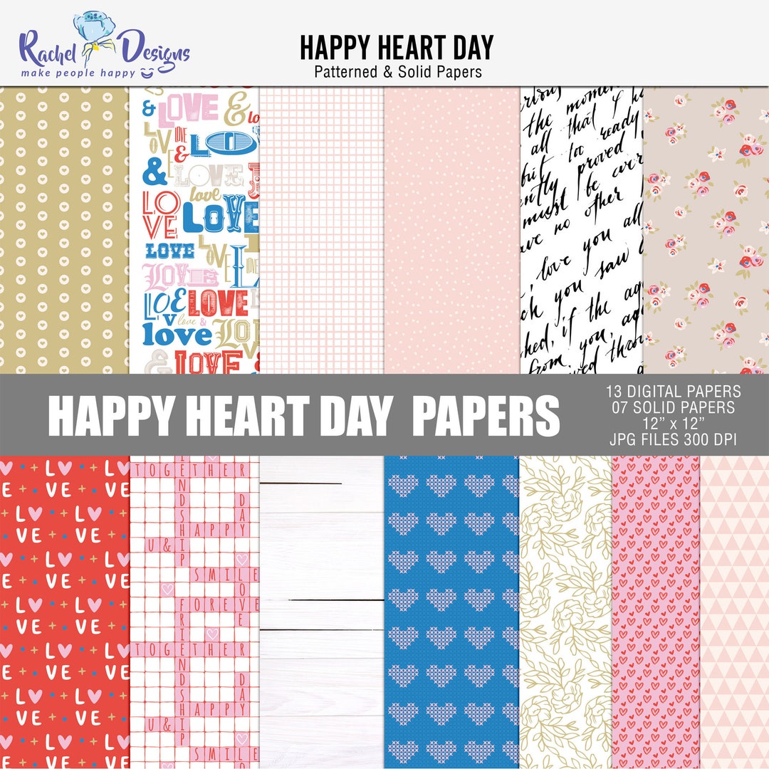 Happy Heart Day Digital Paper Pack, Valentine's Printable Papers ...