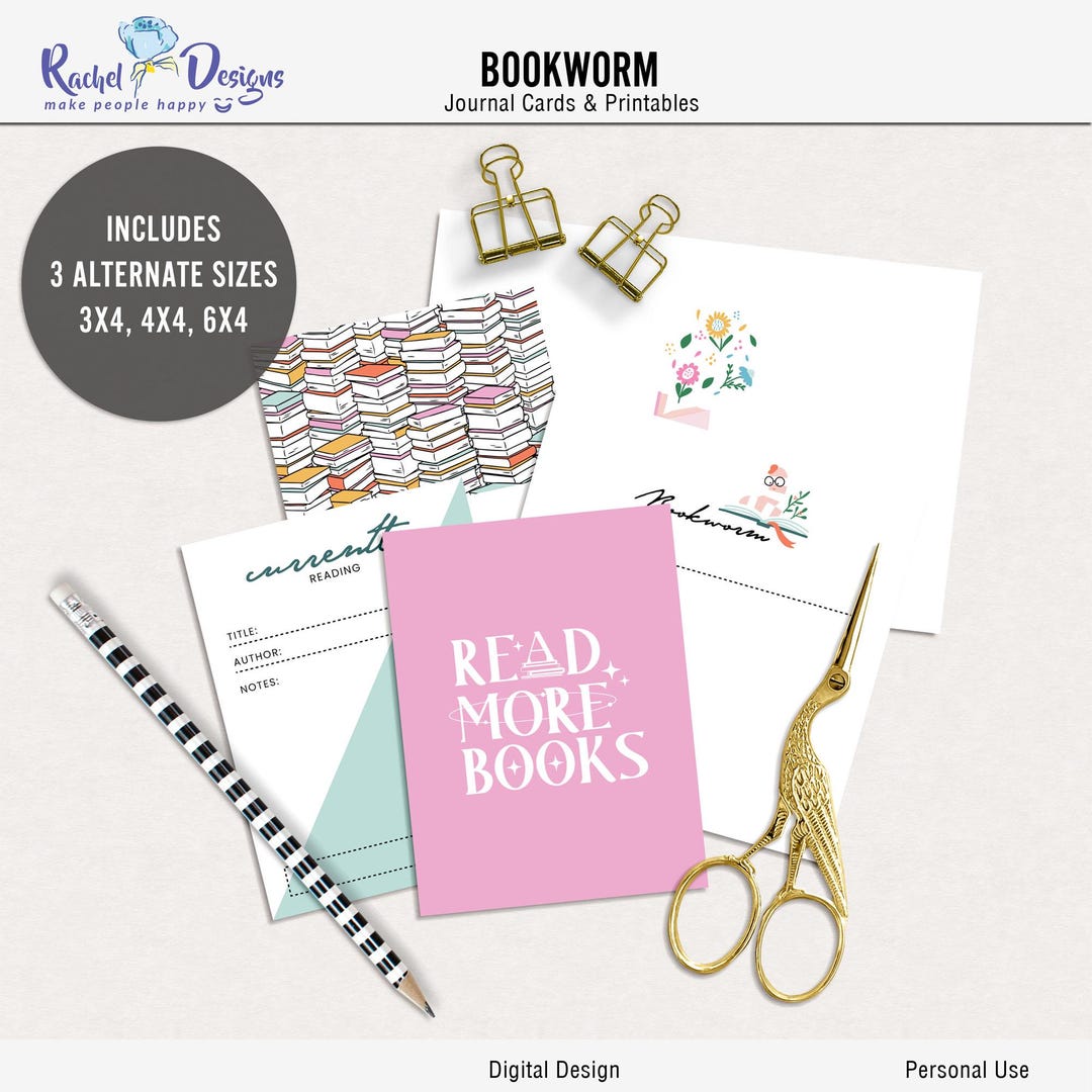 Bookworm Digital Journal Cards, Printable Reading Digital Pocket Cards ...