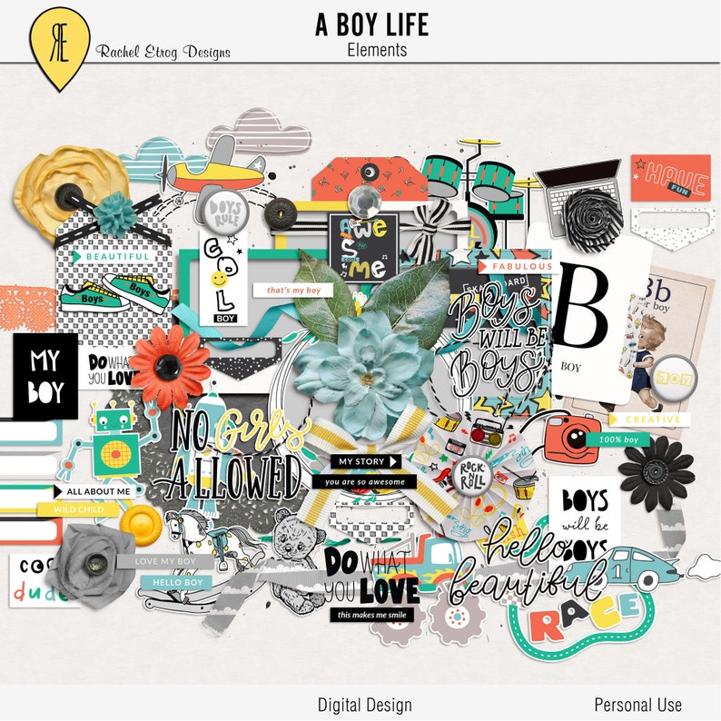 A Boy Life Digital Scrapbooking Kit, Boy Digital Elements, Boy Mix ...