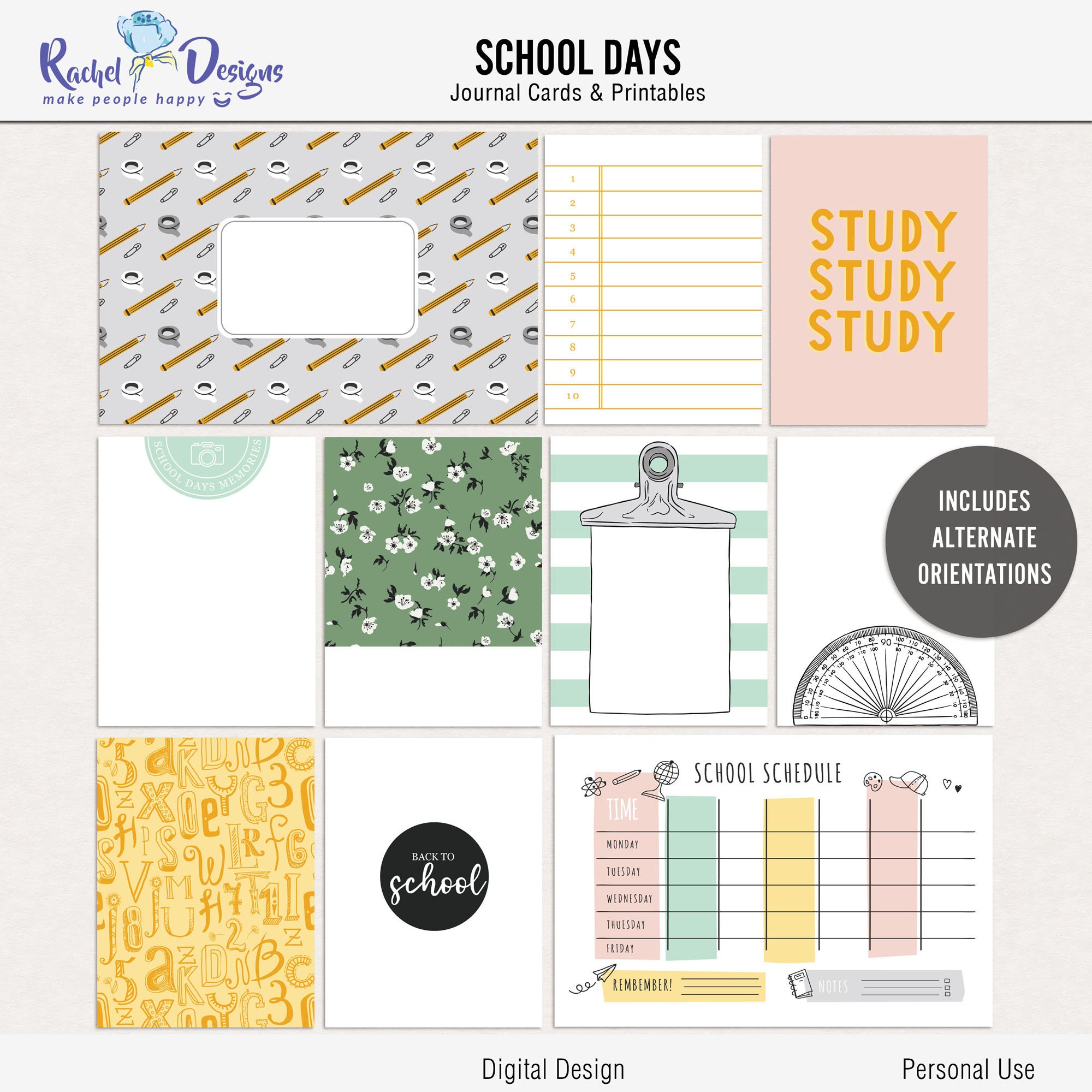 School Days Digital Journal Cards, School Printable Pocket Cards ...