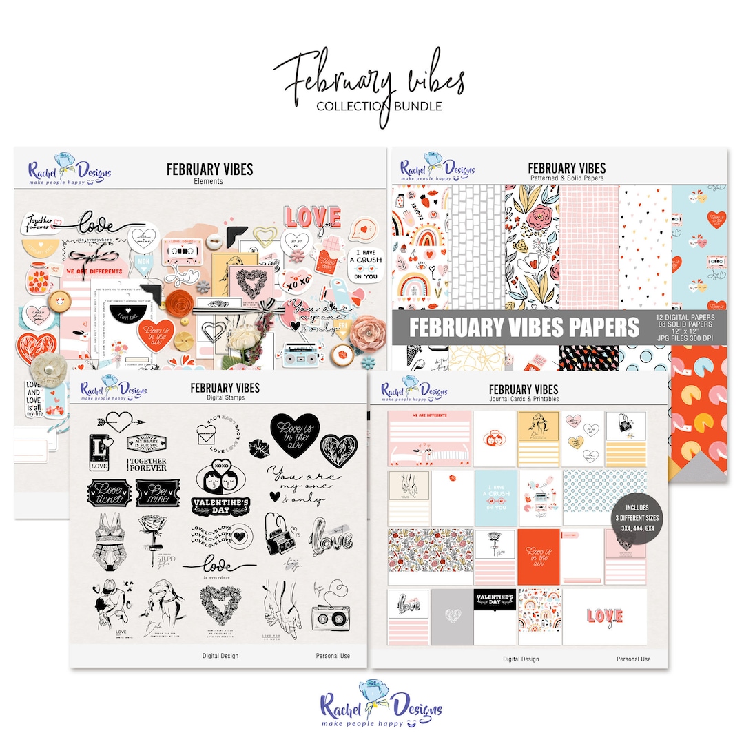 February Vibes Digital Scrapbook Collection, February Digital Elements ...