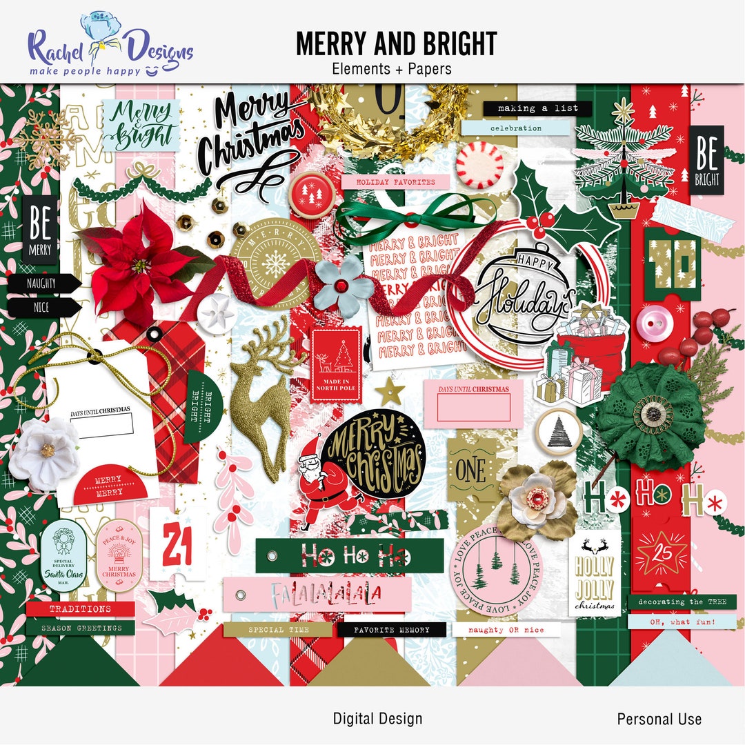 Merry & Bright Digital Scrapbooking Kit, Digital Christmas Paper Pack ...
