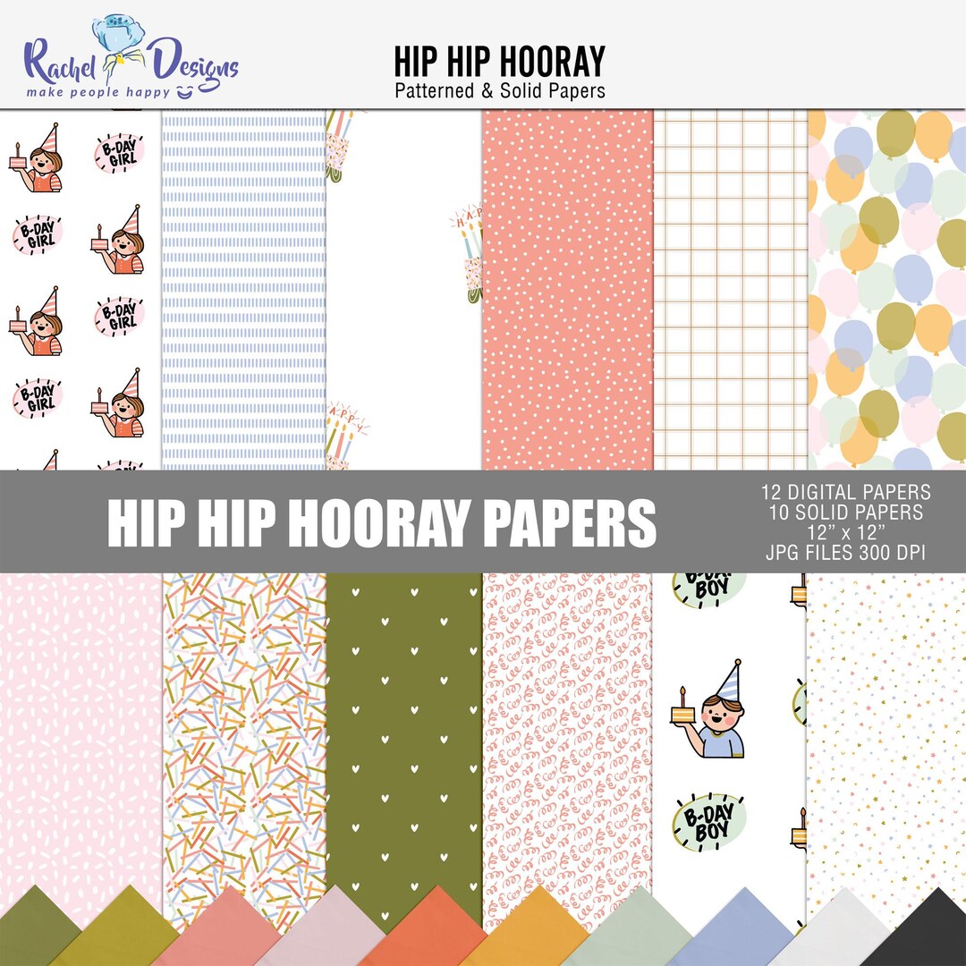 Hip Hip Hooray Digital Scrapbook Paper, Birthday Printable Decor Papers ...