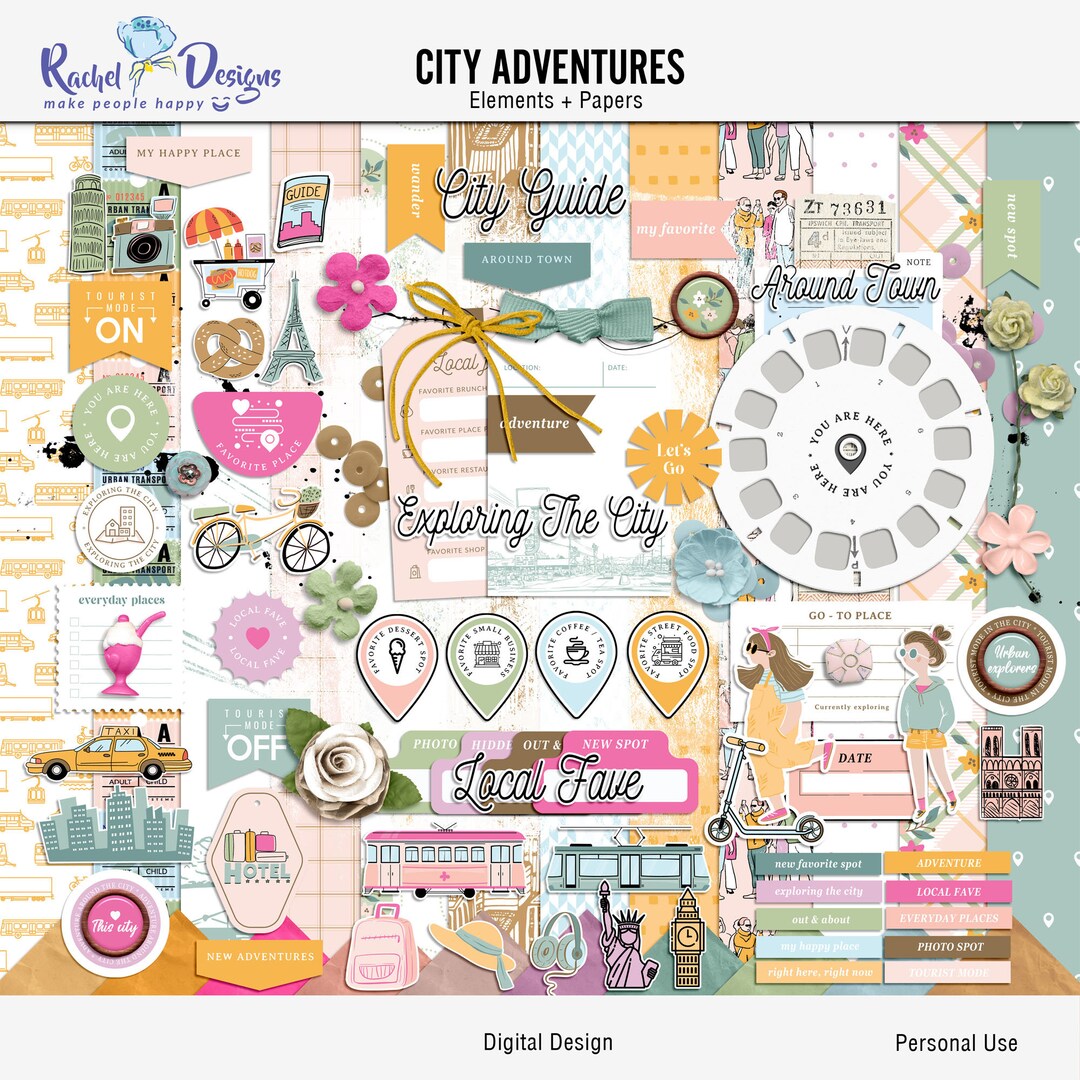 City Adventures Digital Scrapbooking Kit, Digital Travel Elements and ...