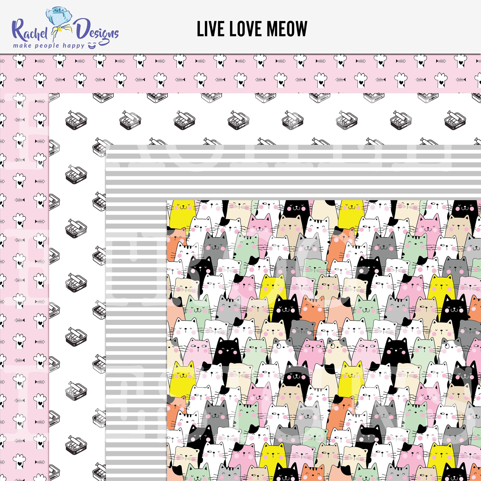 Live Love Meow Digital Paper Pack, Cats Digital Craft Papers, Digital ...