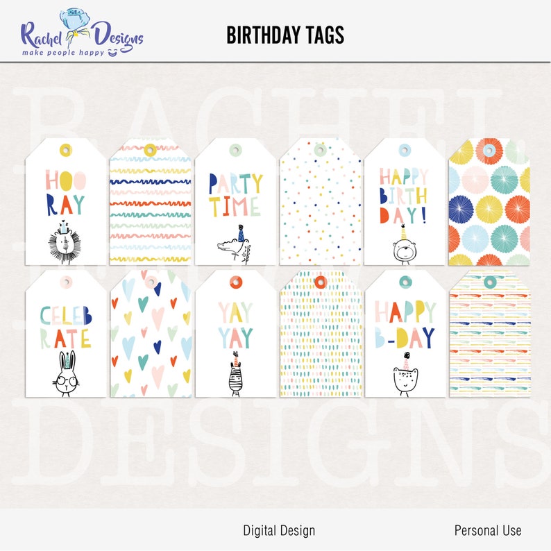 Printable Birthday Tags, Digital Birthday Tags, Scandinavian Style B ...