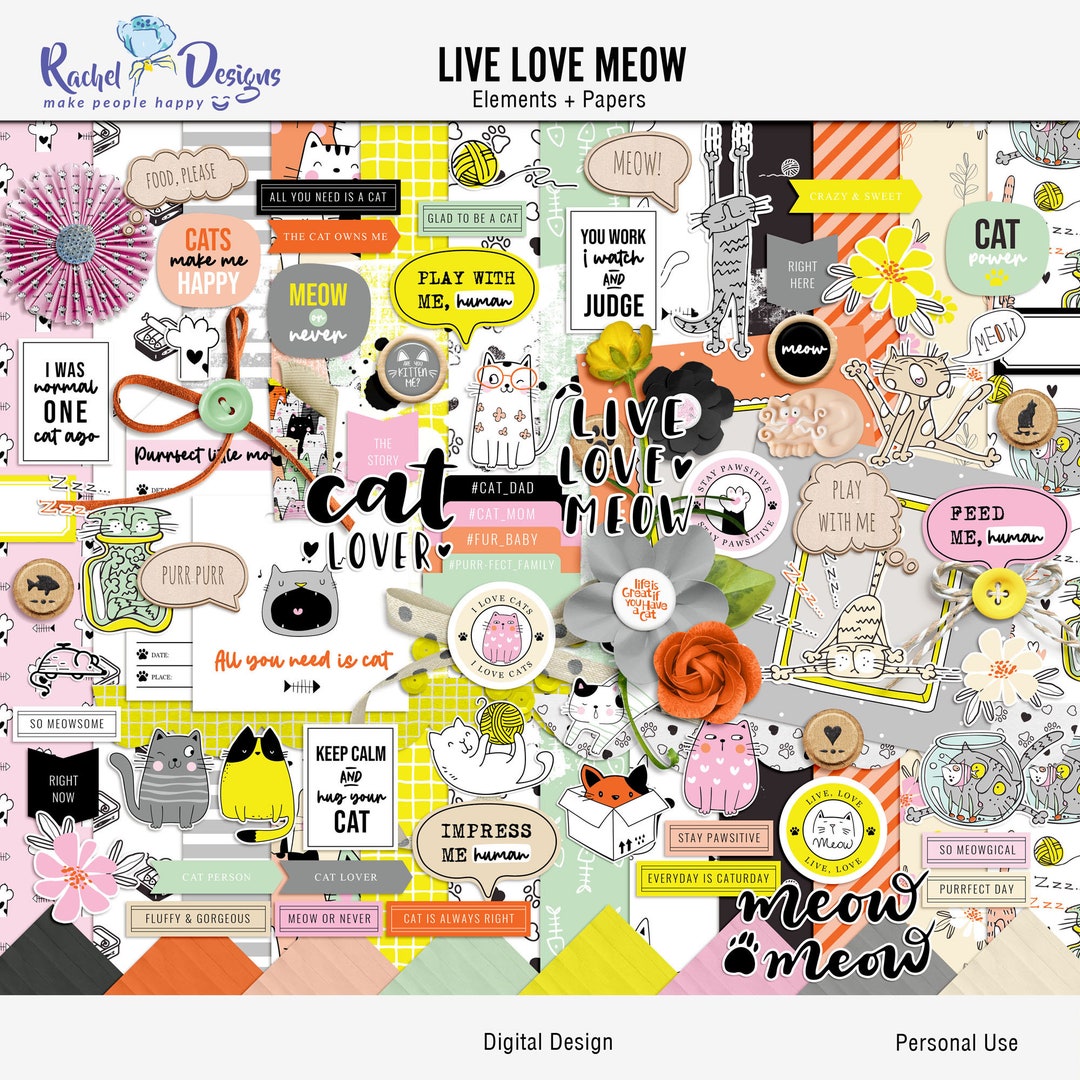 Live Love Meow Digital Scrapbooking Kit, Abstract Printable Pattern ...