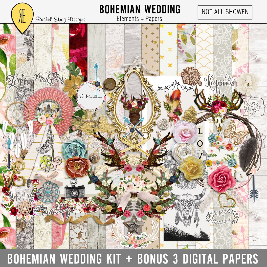 Wedding Digital Scrapbooking Kits , Digital Boho Wedding Elements ...