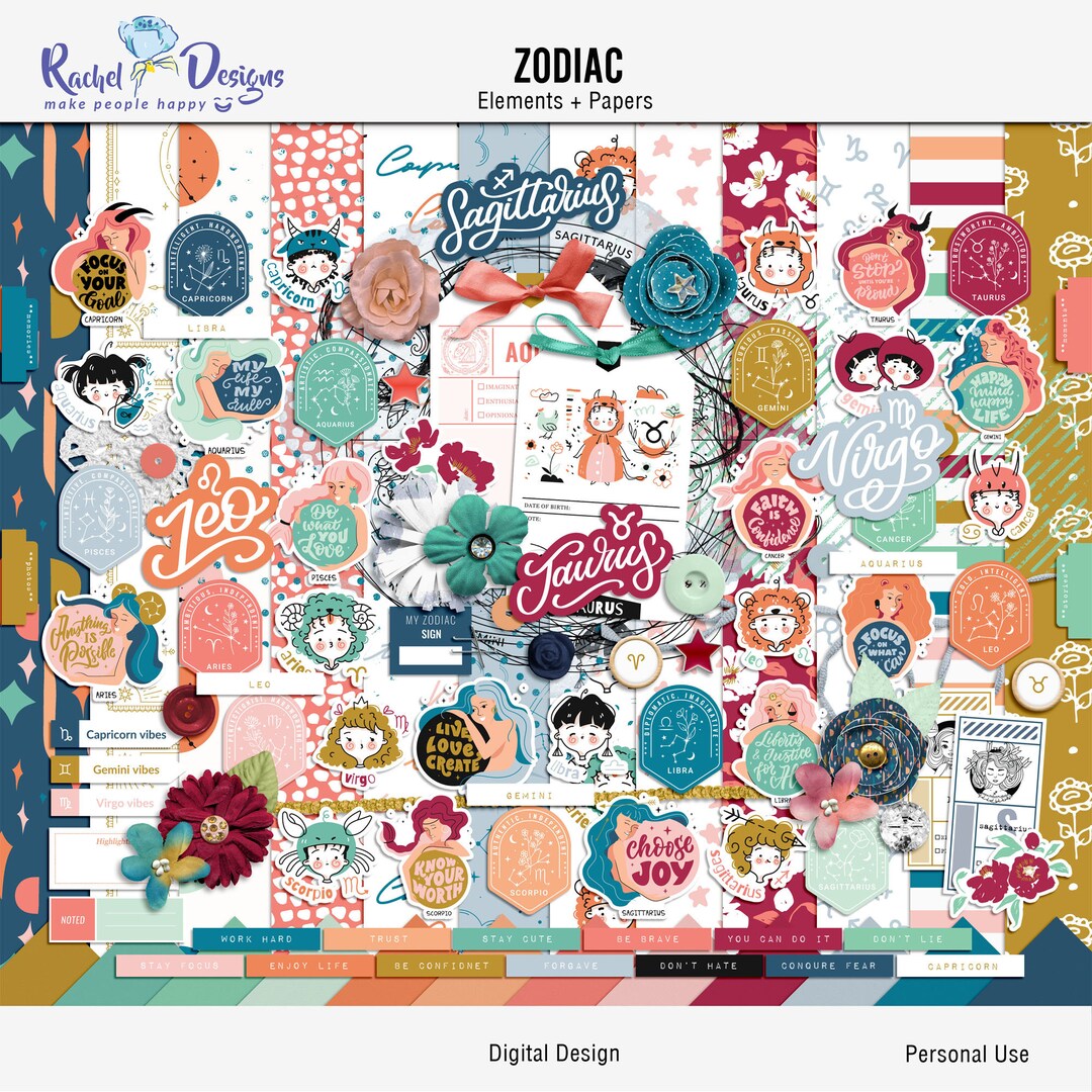 Zodiac Digital Scrapbooking Kit, Astrology Printable Pattern Papers ...