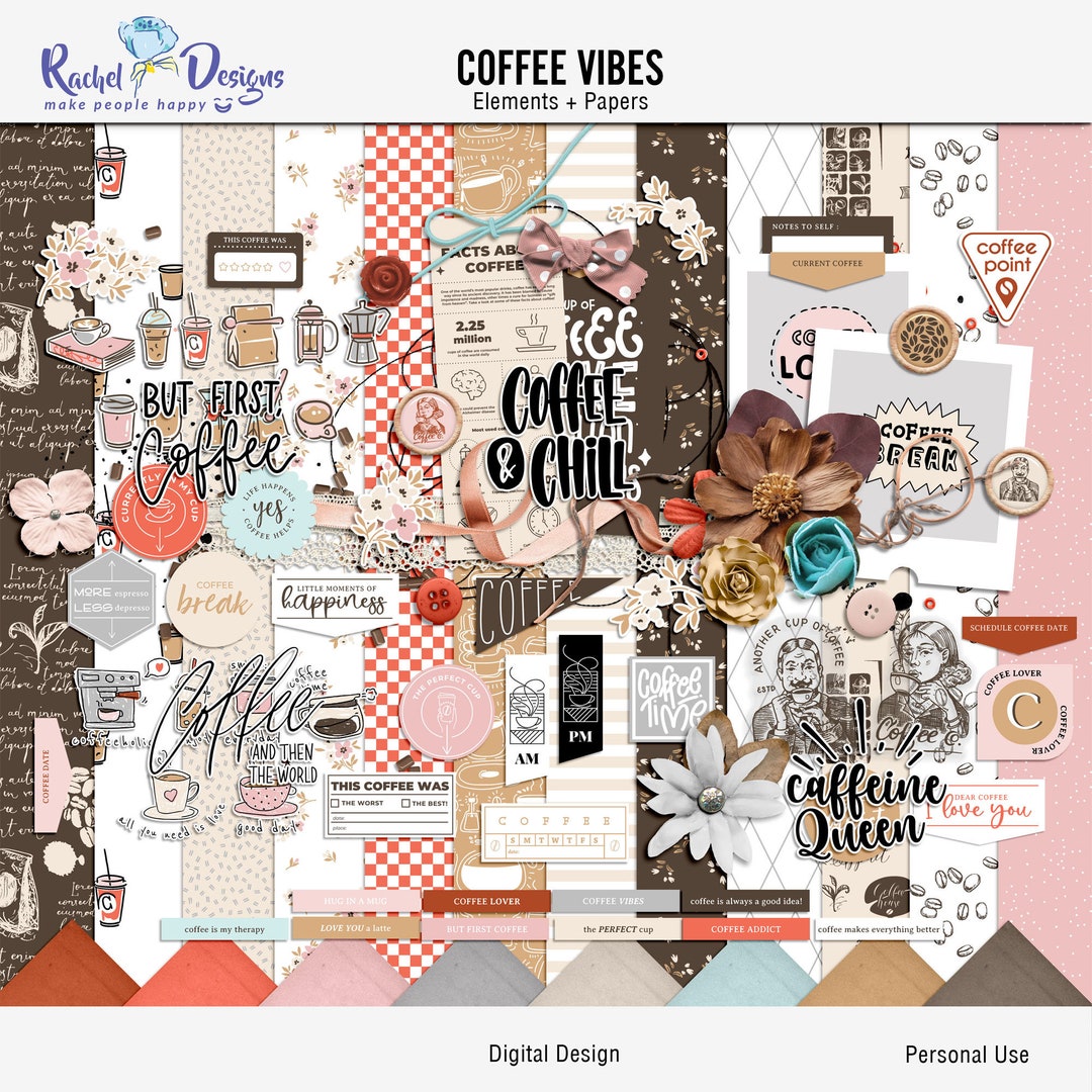 Coffee Vibes Digital Scrapbooking Kit, Digital Coffee Elements and ...