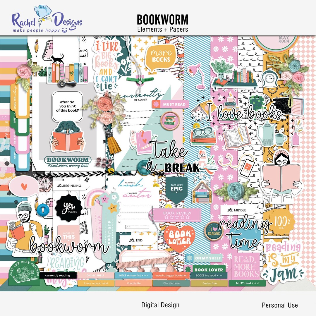Bookworm Digital Scrapbooking Kit, Reading Printable Pattern Papers ...