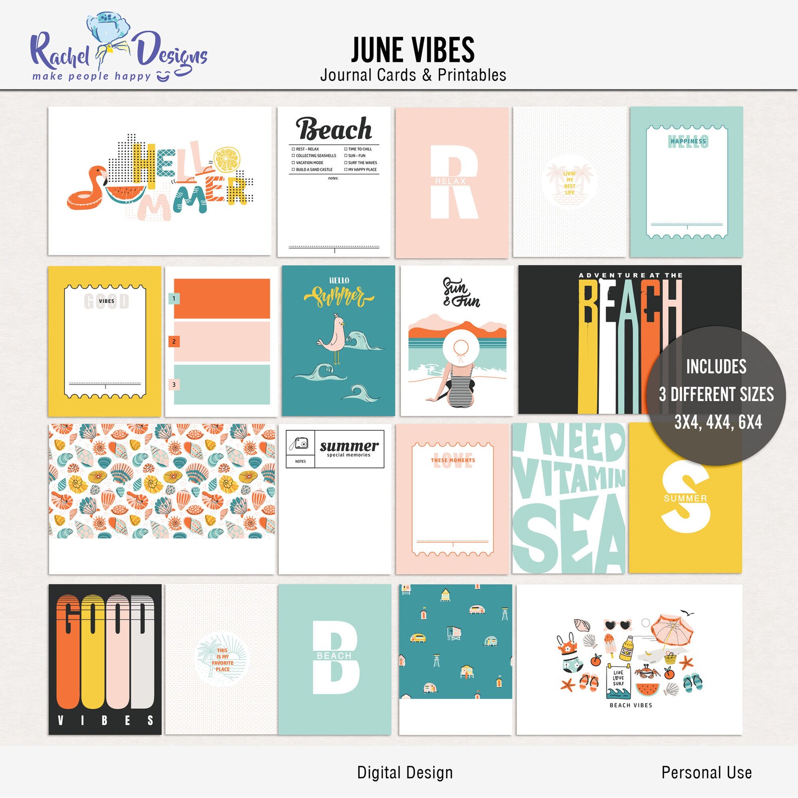 June Vibes Digital Journal Cards, Printable Pocket Cards, Summer ...