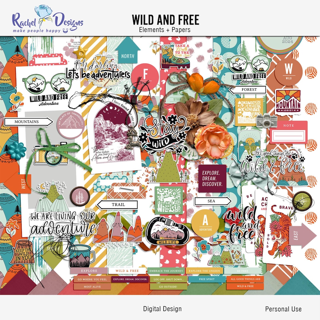 Wild and Free Digital Scrapbooking Kit, Boho Craft Papers, Travel Craft ...